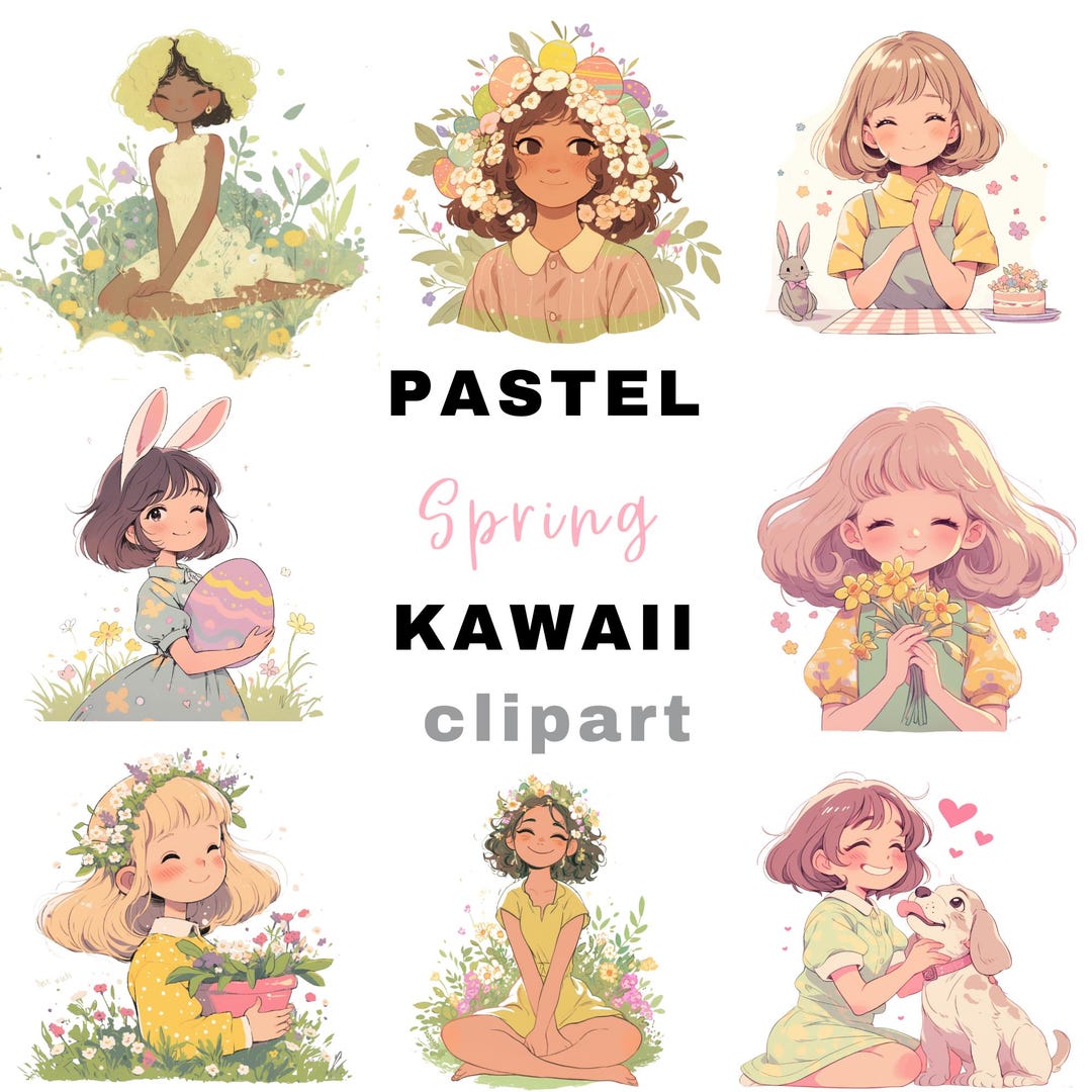 Pastel Spring Kawaii Watercolor Girls Clipart,transparent Background ...