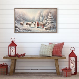 FRAME TV Art Santa and Reindeer, Pink Christmas Frame Tv Art Winter ...