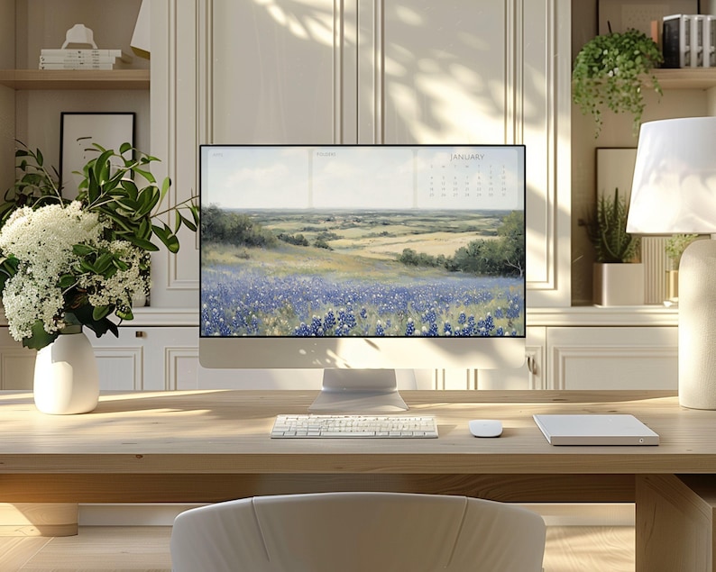 2026-2027 Desktop Wallpaper Organizer, Blue Flowers Laptop Background ...