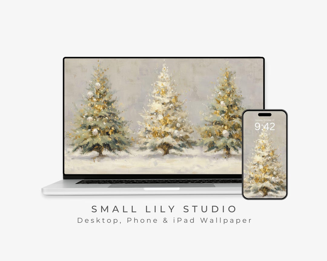 Gold Christmas Trees Desktop Wallpaper Set, Cute Phone Wallpaper ...