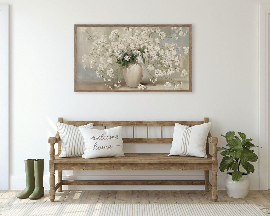 FRAME TV Art White Flowers in Rustic Farmhouse, Neutral Spring Samsung ...