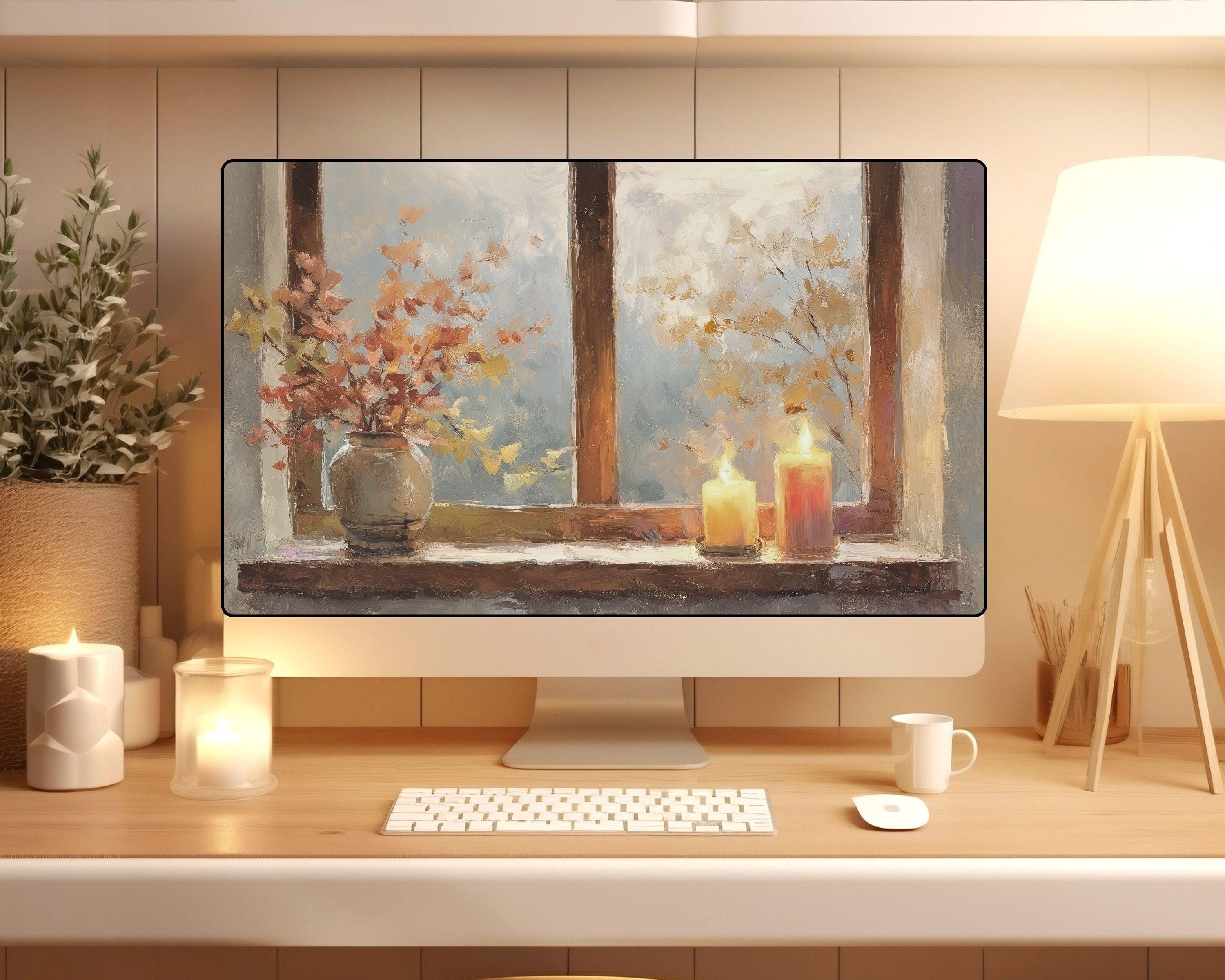 Cozy Fall Window Desktop Wallpaper Set, Autumn Leaves Phone Wallpaper ...