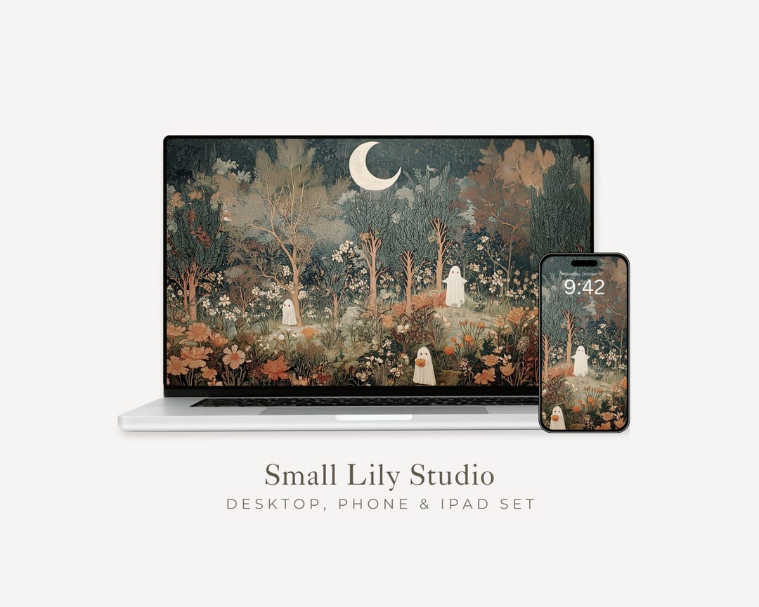 Ghosts & Moon Desktop Wallpaper Set, Halloween Phone Wallpaper, Spooky ...