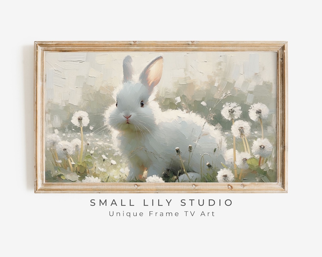 FRAME TV Art Cute White Bunny in Dandelions, Green White Samsung Frame ...