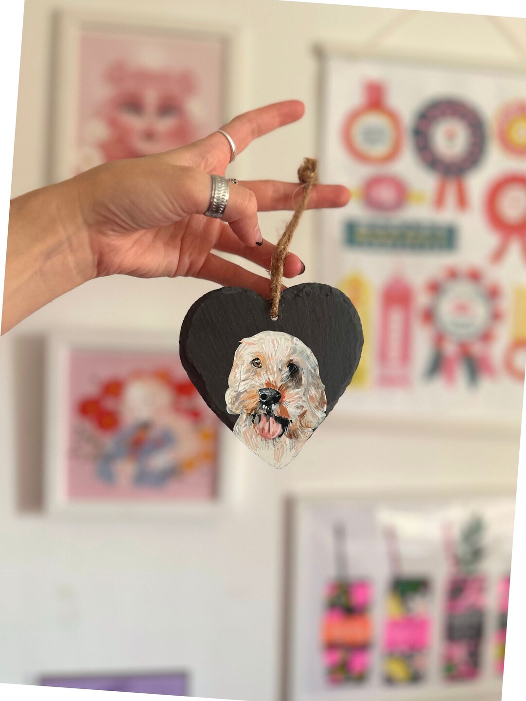 Hanging Small Slate Heart Pet Portrait, Personalised Dog Cat Portrait ...