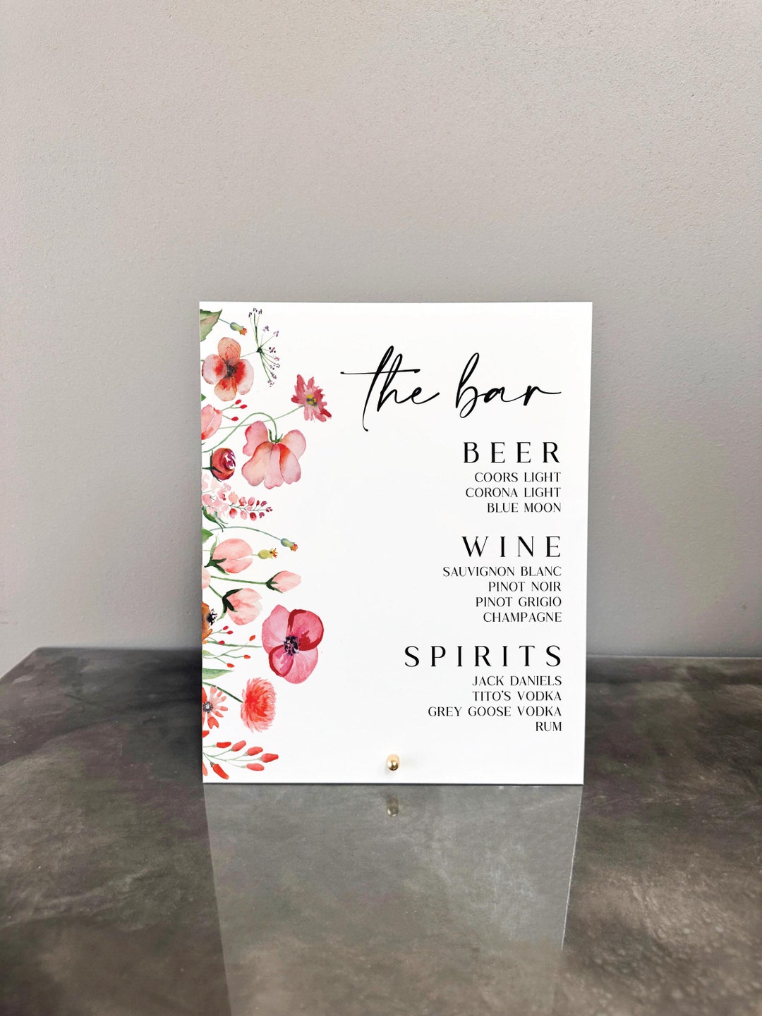 Floral Bar Menu Acrylic Sign, Floral Drink Menu Sign, Flower Bar Menu ...