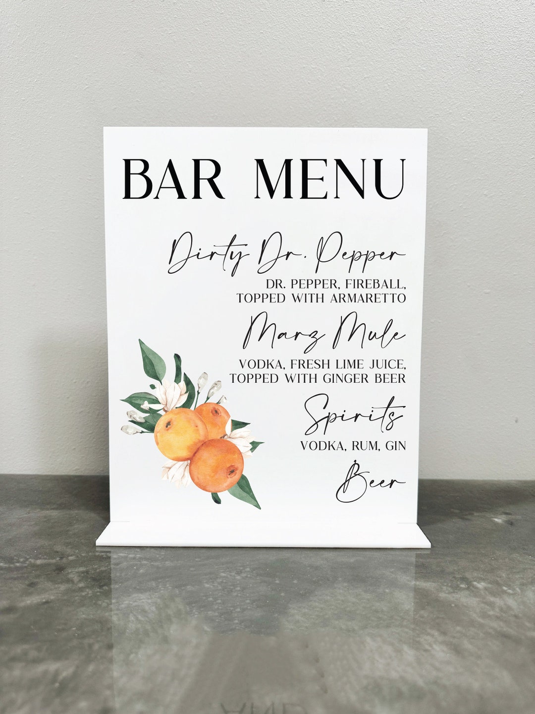 Orange Blossom Acrylic Bar Menu Custom Bar Menu Orange - Etsy