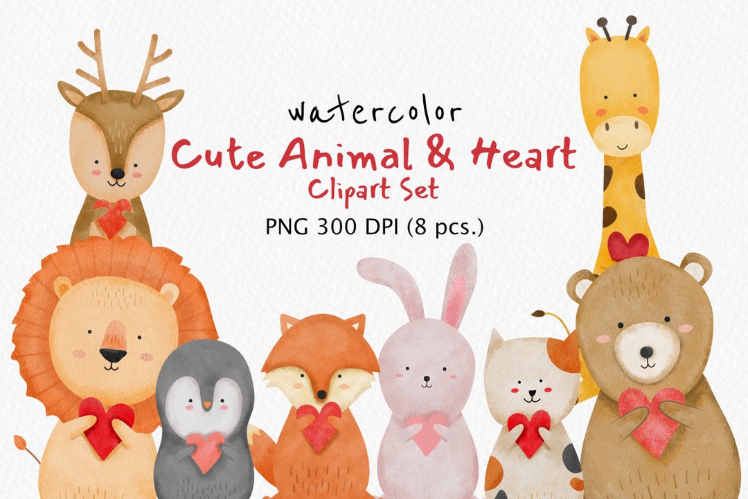 Animal With Heart Clipart Set, Valentine Sticker Planner, Watercolor ...