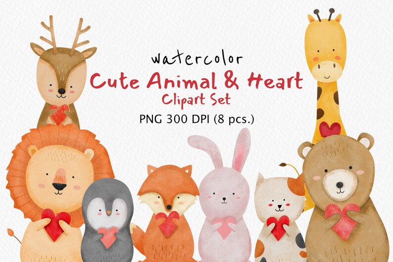 Animal With Heart Clipart Set, Valentine Sticker Planner, Watercolor ...
