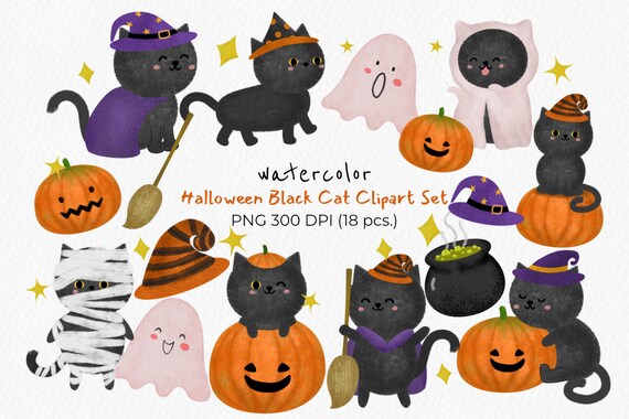 Watercolor Halloween Black Cat Clipart Watercolor Clip Art - Etsy