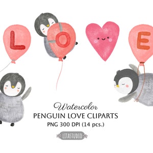Valentine Penguin Clipart, Penguin Valentine Clipart, Watercolor ...