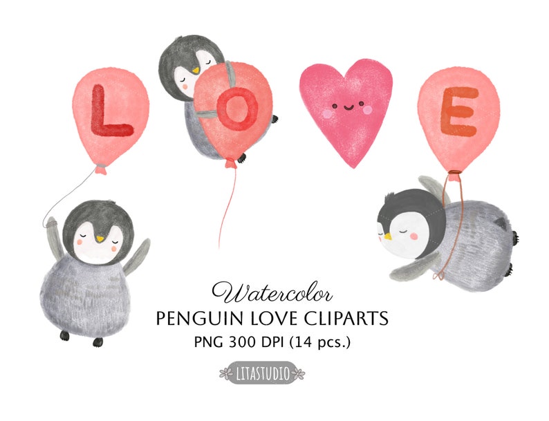 Valentine Penguin Clipart, Penguin Valentine Clipart, Watercolor ...
