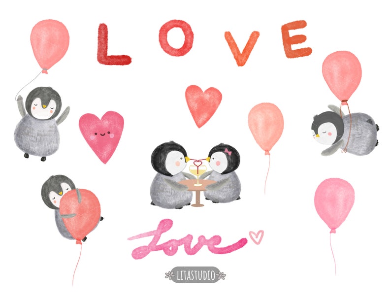 Valentine Penguin Clipart, Penguin Valentine Clipart, Watercolor ...