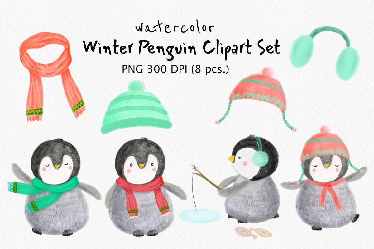 Winter Penguin Clipart, Clipart, Watercolor Penguin Clipart, Penguin ...