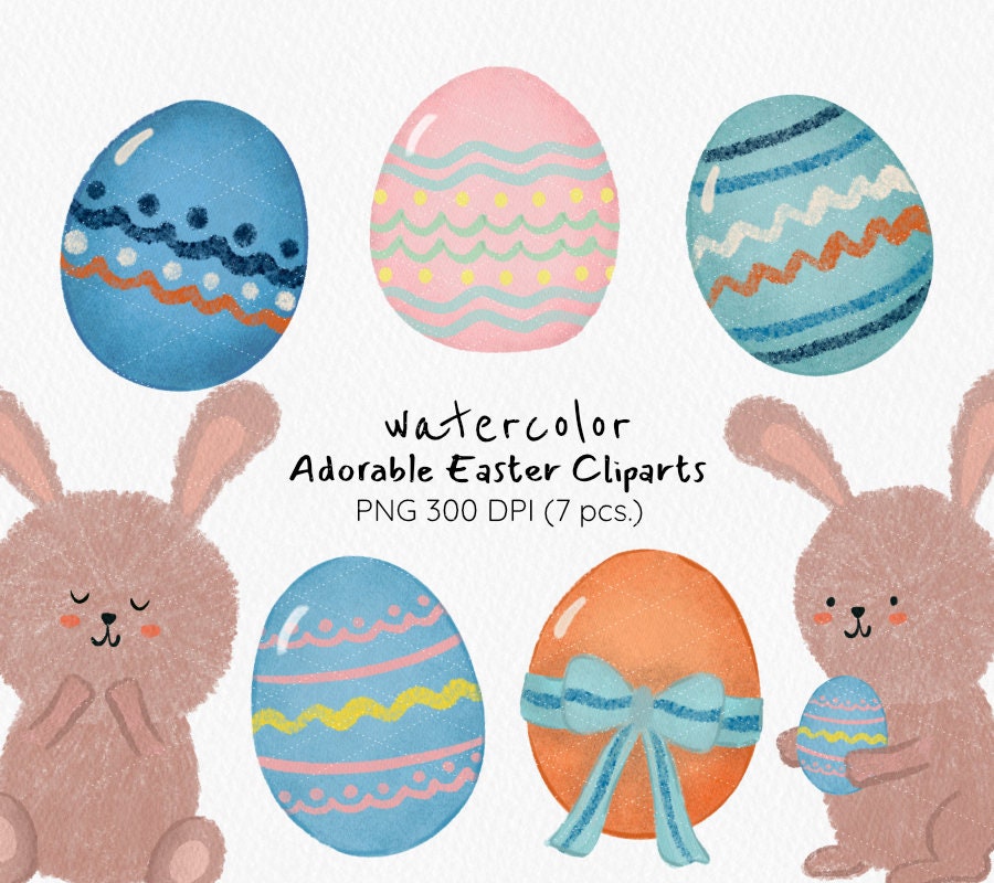 Adorable Easter Bunny and Eggs Digital Clipart, Watercolour Clipart Set ...