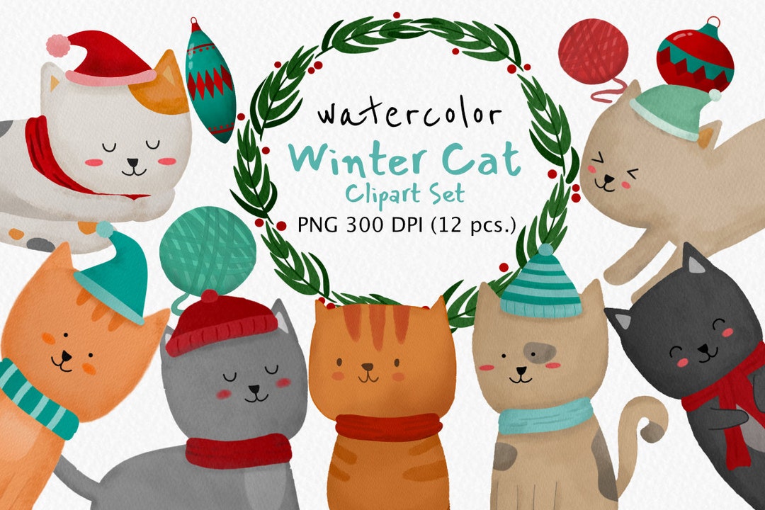 Meowy Christmas PNG, Cute Christmas Cat PNG, Cute Watercolor Christmas ...