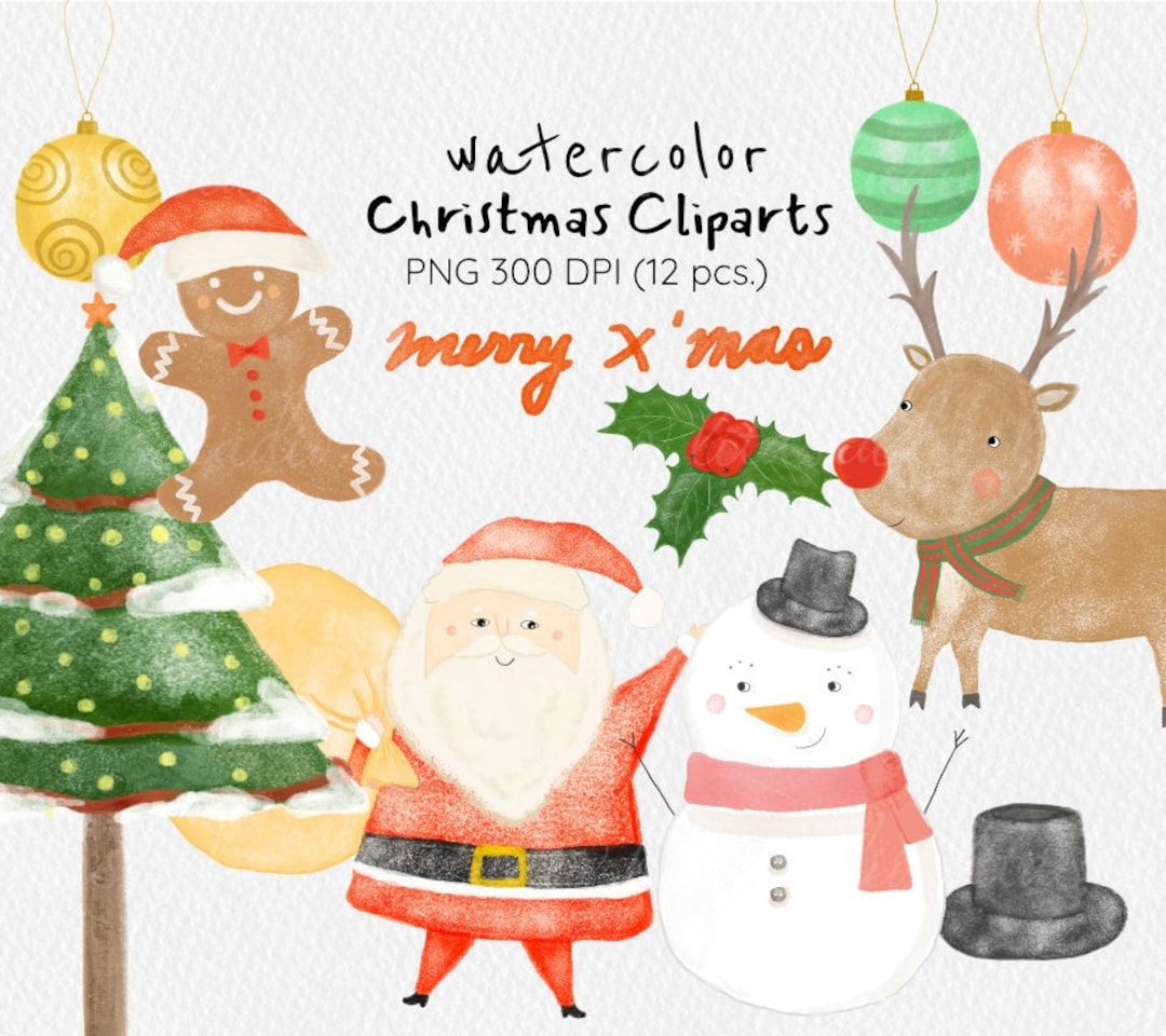 Cute Christmas Watercolor Clipart Set, Cute Xmas Clip Art, Christmas ...