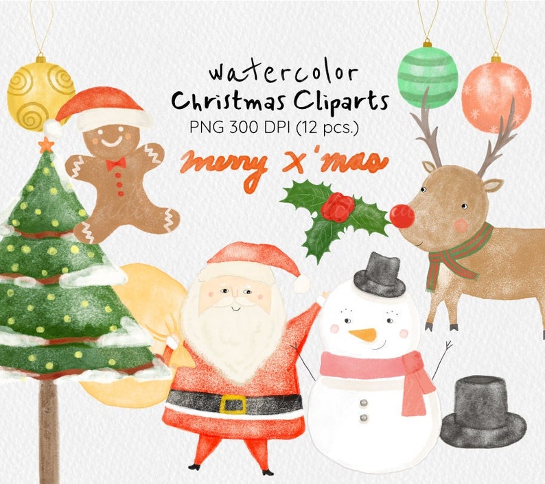 Cute Christmas Watercolor Clipart Set Cute Xmas Clip Art - Etsy