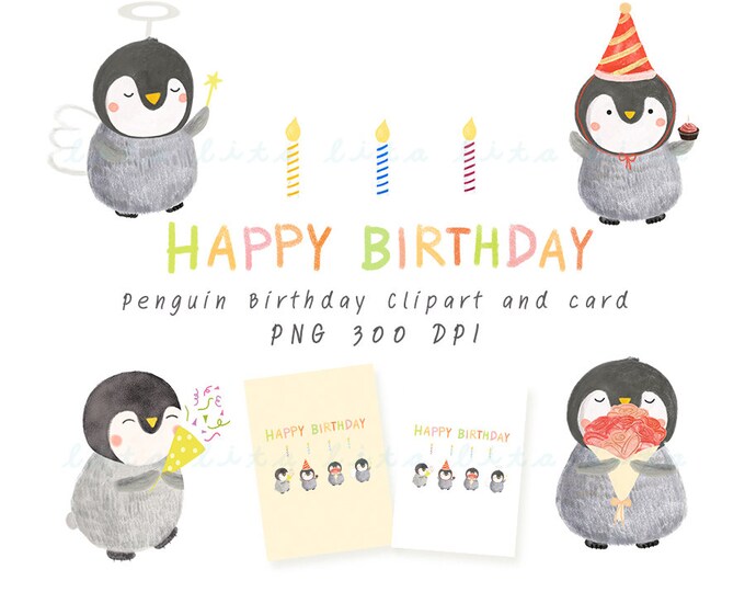 Watercolor Penguin Birthday Clipart, Cute Penguin Party PNG Bundle ...