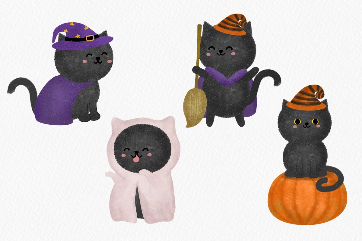 Watercolor Halloween Black Cat Clipart, Watercolor Clip Art Set ...