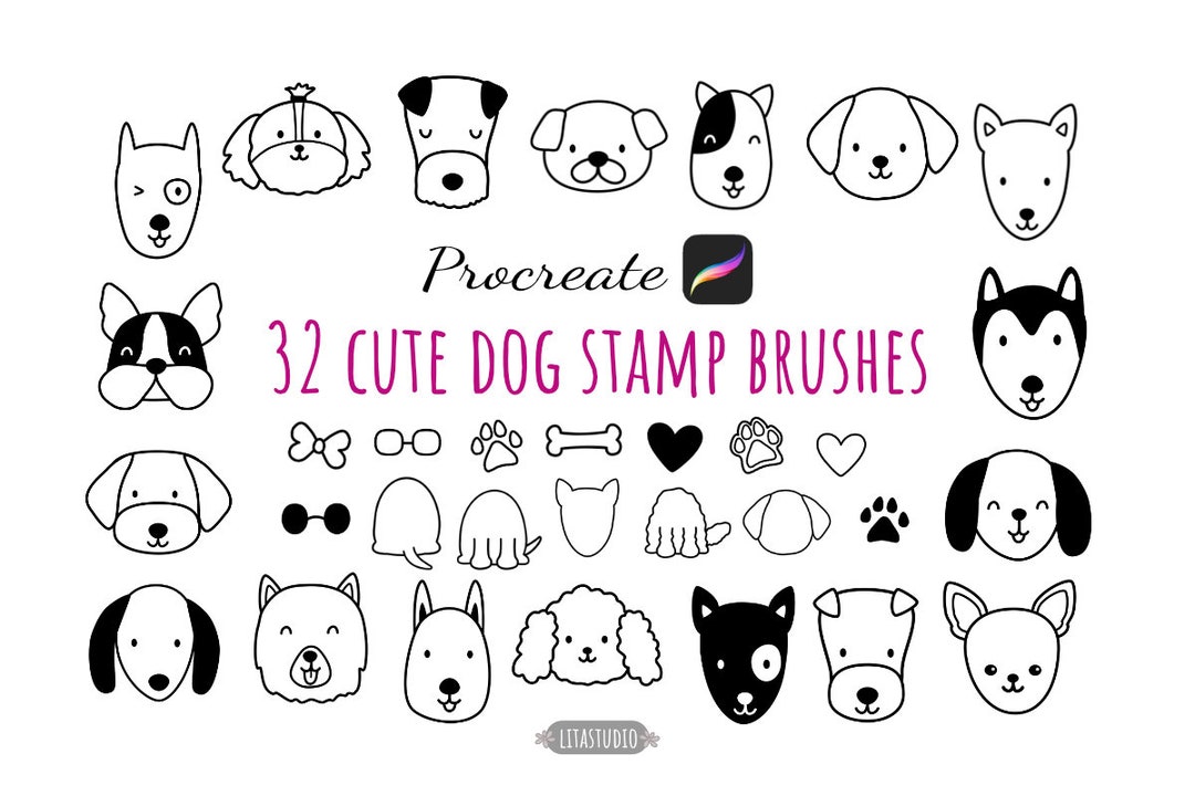Cute Dog Stamp Procreate,32 Dog Stamps, Dog Stamp Brush, Dog Face, Dogs ...