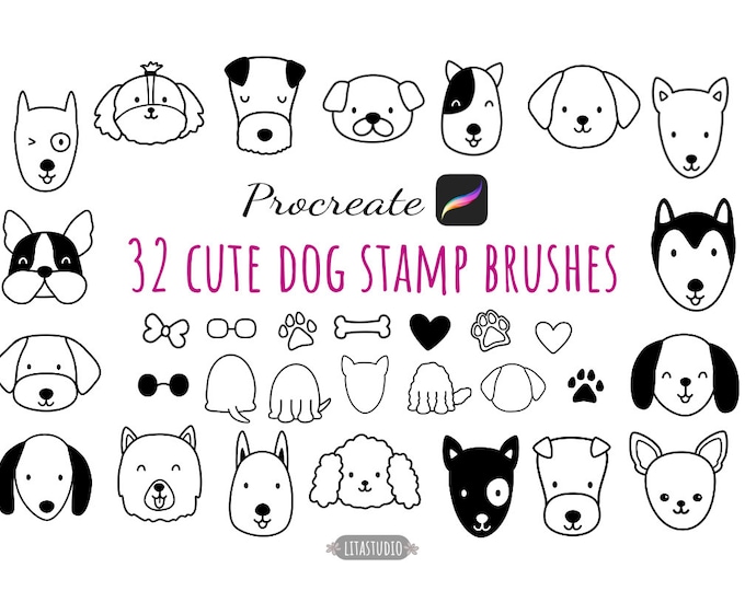 Cute Dog Stamp Brush Set, 32 Dog Face Stamps, DIY Procreate (digital ...