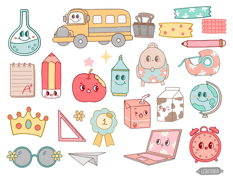 Groovy School Supplies Clipart: Retro Pastel PNG (digital Download) - Etsy