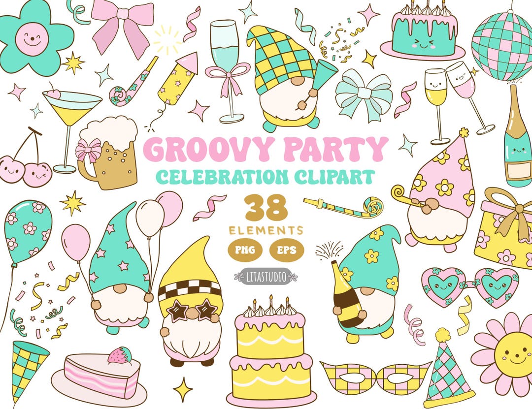 Groovy New Year Clip Art, Groovy Birthday Clipart, Gnome Groovy Party ...