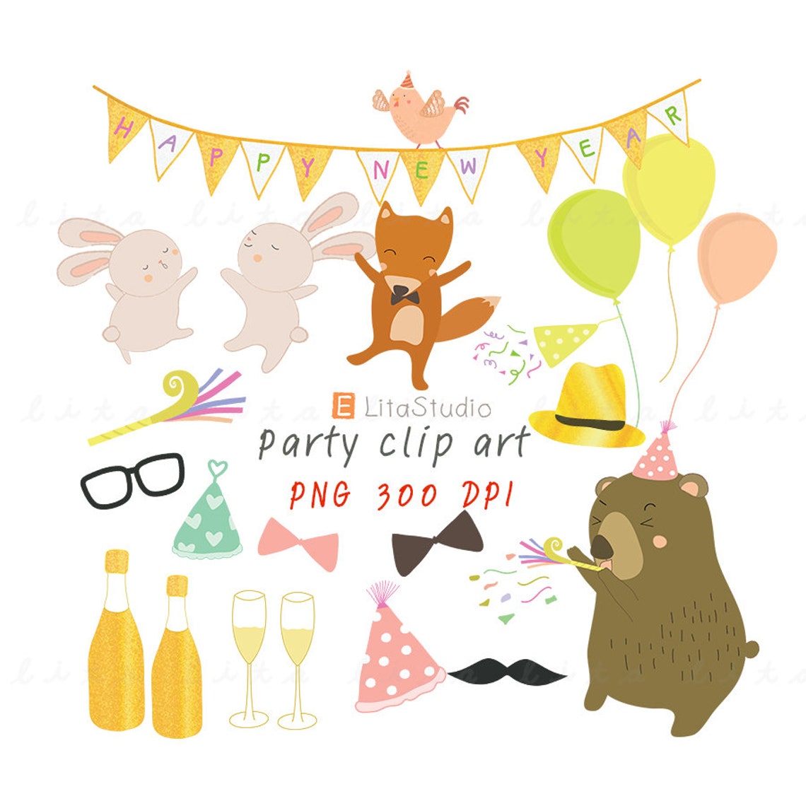 New Year Celebration Clipart Set Happy New Year Digital | Etsy