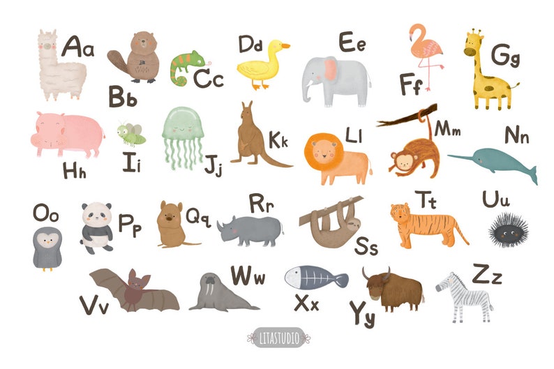 Cute Watercolor Animals Alphabet Illustration. Zoo Alphabet. Uppercase ...