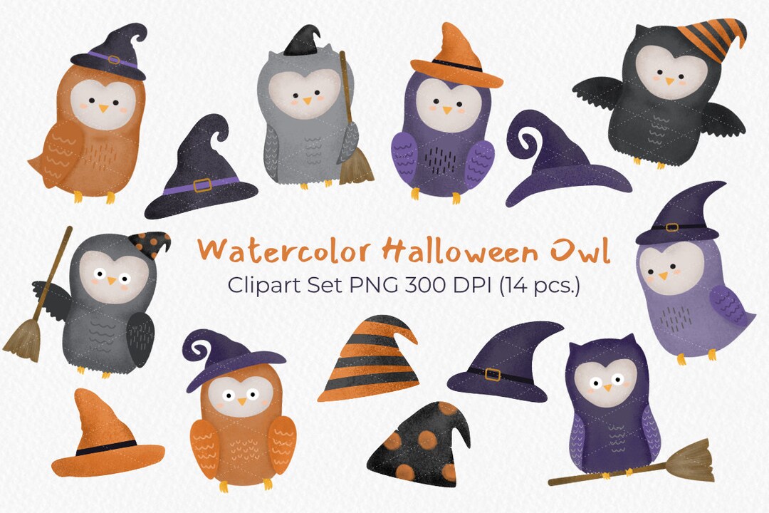 Halloween Clipart, Watercolor Clip Art, Digital Sticker, Witches, Owls ...