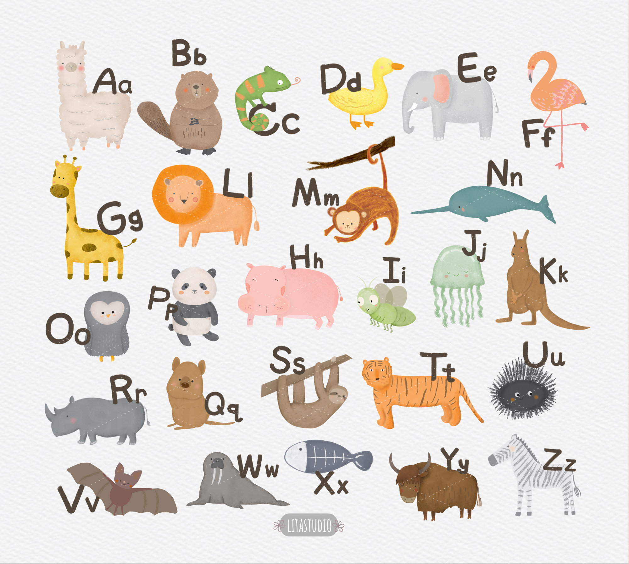 Cute Watercolor Animals Alphabet Illustration. Zoo Alphabet. Uppercase ...