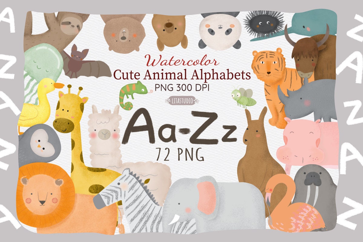 Cute Watercolor Animals Alphabet Illustration. Zoo Alphabet. Uppercase ...