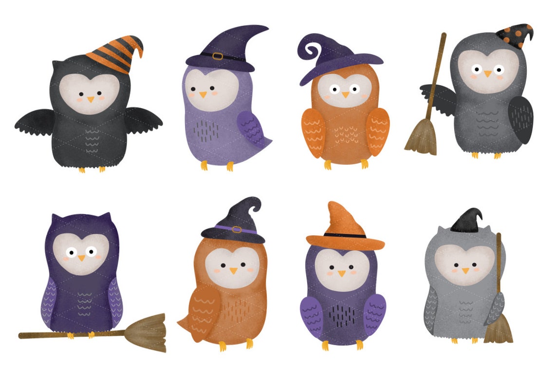 Halloween Clipart, Watercolor Clip Art, Digital Sticker, Witches, Owls ...