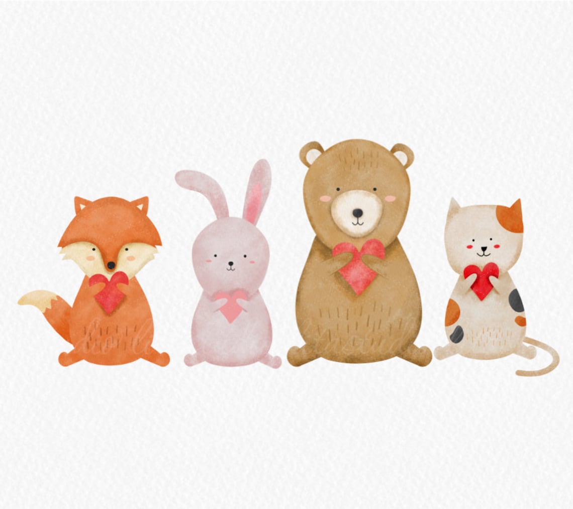 Animal With Heart Clipart Set, Valentine Sticker Planner, Watercolor ...