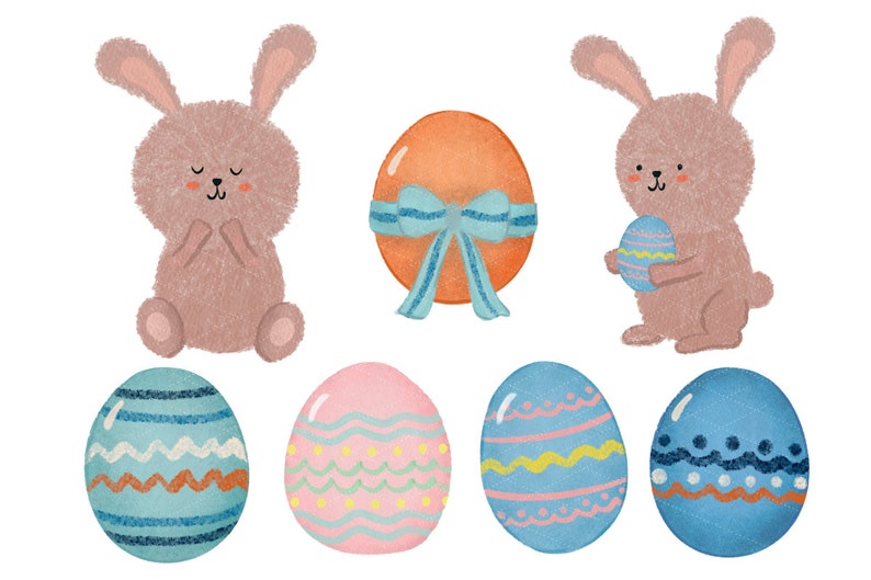 Adorable Easter Bunny and Eggs Digital Clipart, Watercolour Clipart Set ...
