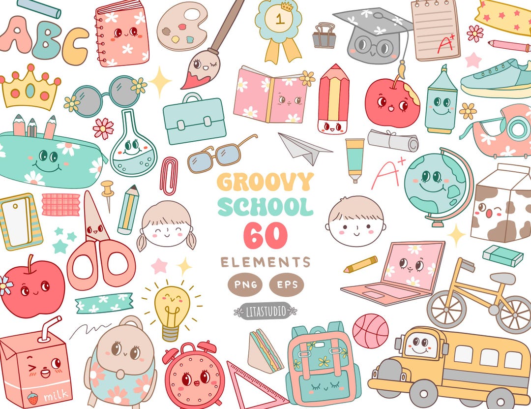 Groovy School Supplies Clipart: Retro Pastel PNG (digital Download) - Etsy
