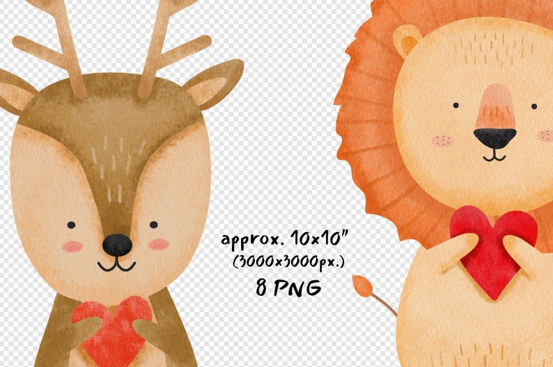 Animal With Heart Clipart Set, Valentine Sticker Planner, Watercolor ...