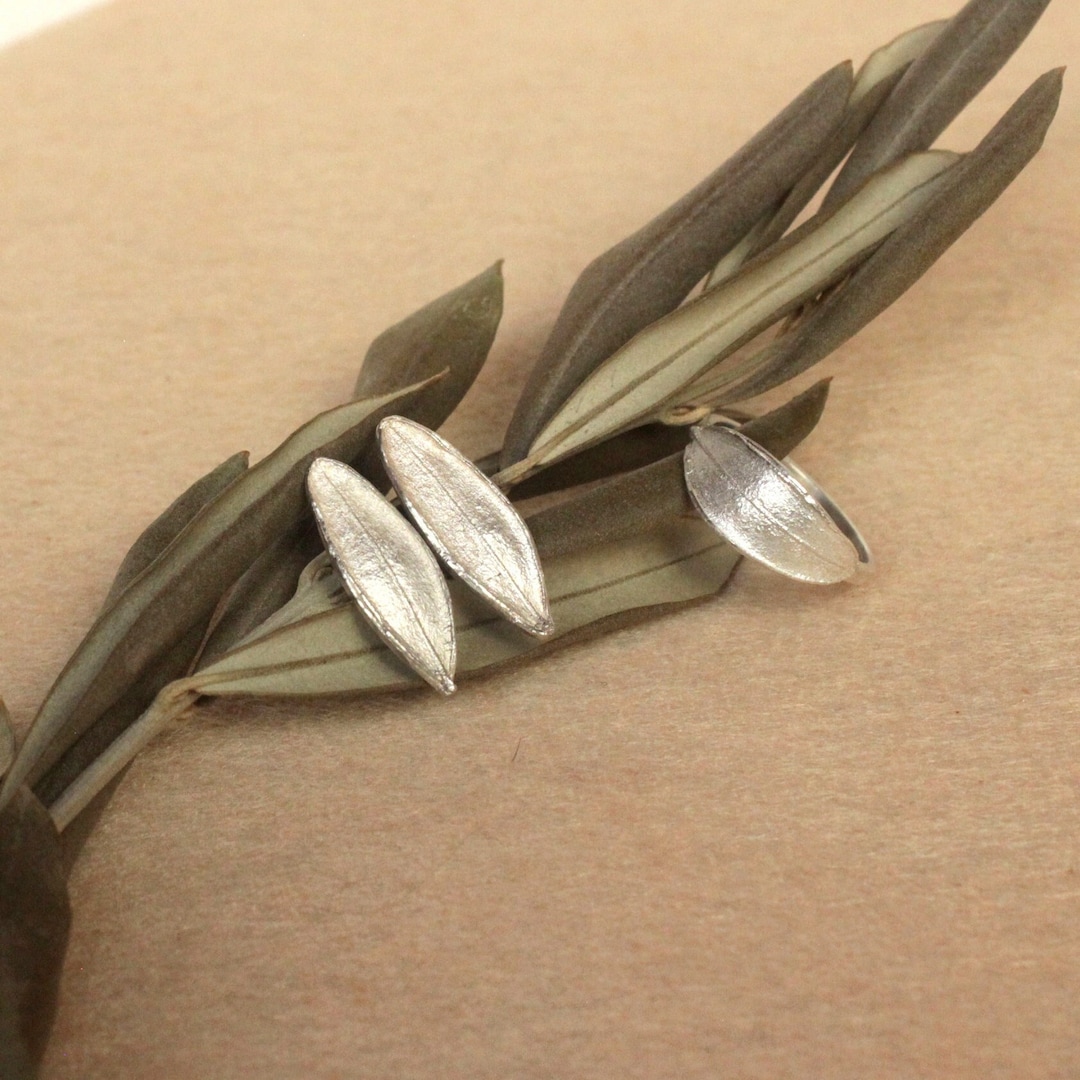 Olive Leaf Silver Jewelry Set, Nature-inspired Stud Earrings and Ring ...