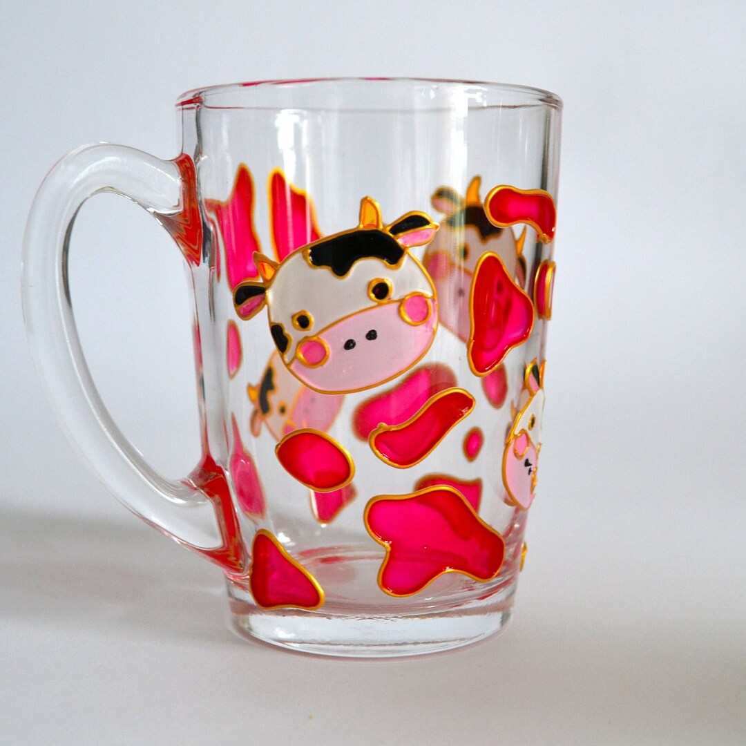 Coffee Mug With Pink Cow Spots Hand Painted Glass Mug Personalized Mug ...
