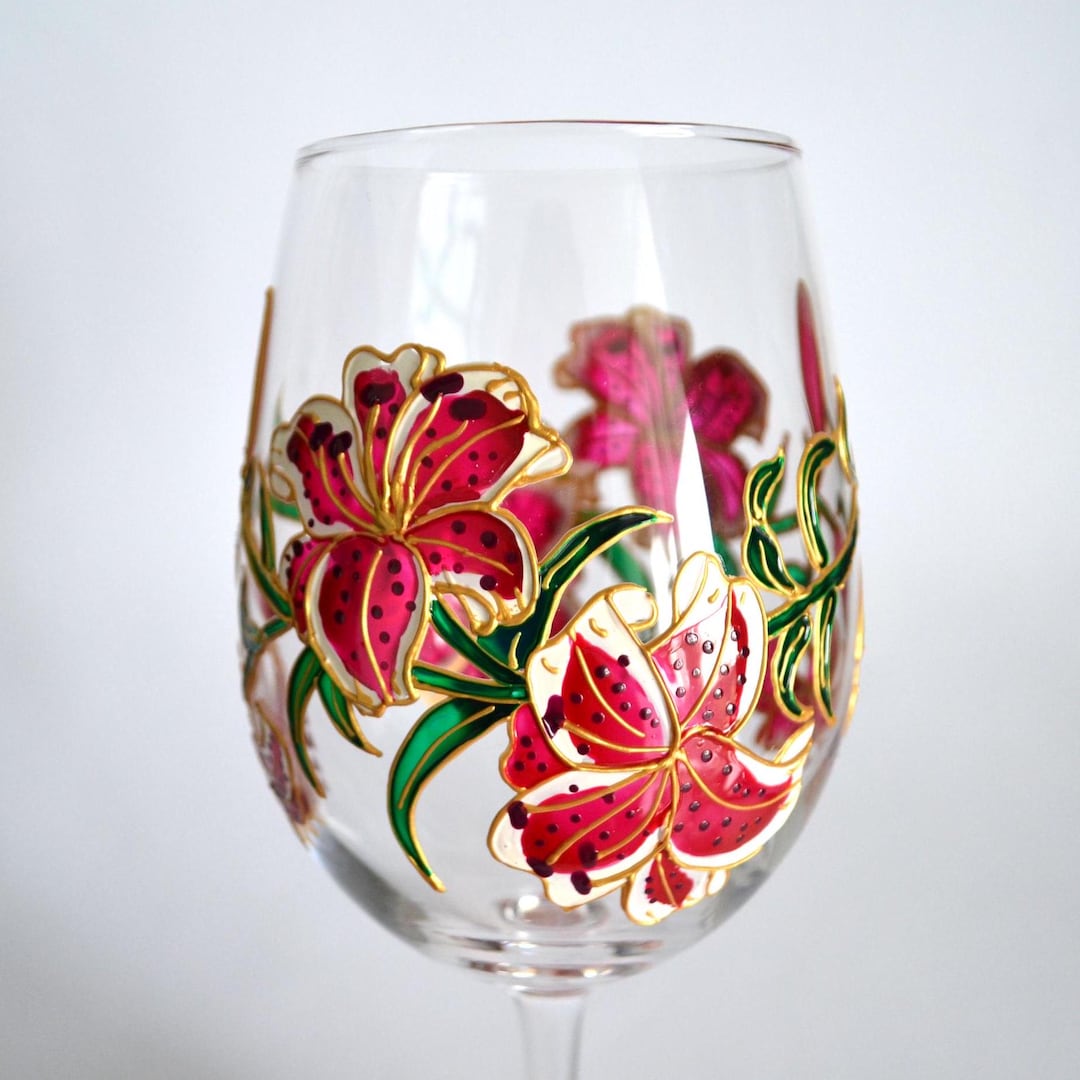 Stargazer Lily Hand Painted Wine Glasses Flowers - Etsy