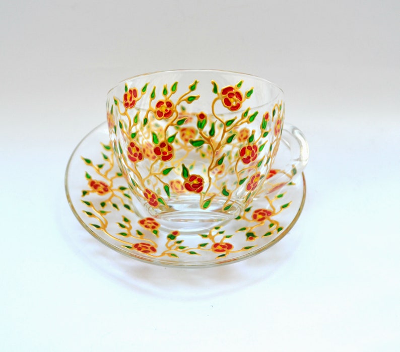 Tea Set Red RoseTea Cup and Saucer Painted glass mug Gift for | Etsy