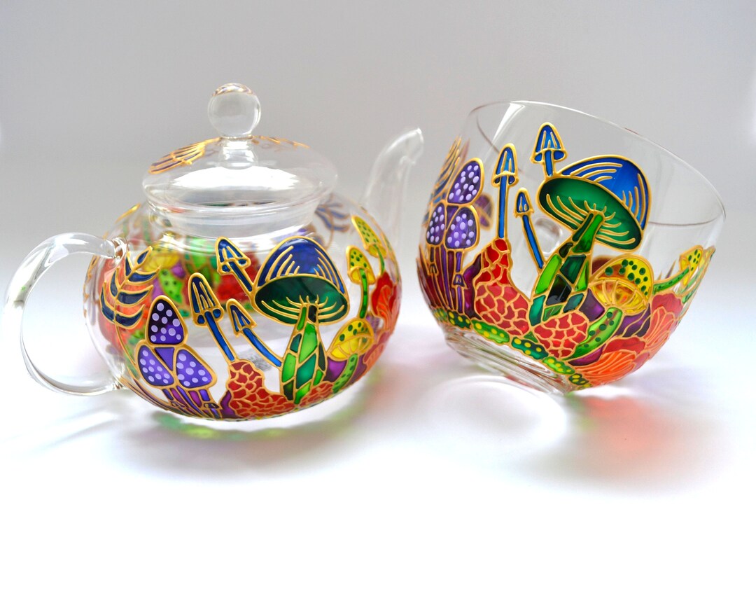 Hand-painted Mushroom Tea Set: Glass Teapot With Infuser & Mug - Etsy