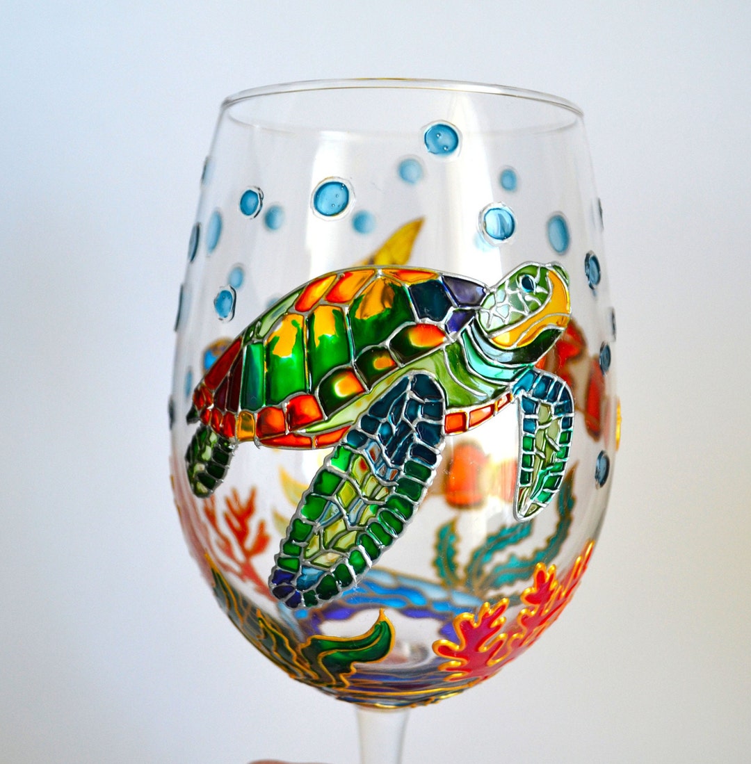 Sea Turtle, Corals, and Tropical Fish Hand-painted Wine Glass With - Etsy