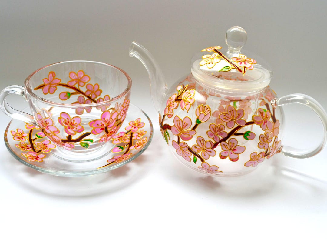 Sakura Flowers Tea Set Hand Painted Tea Pot Glass Tea Cup and Saucer - Etsy