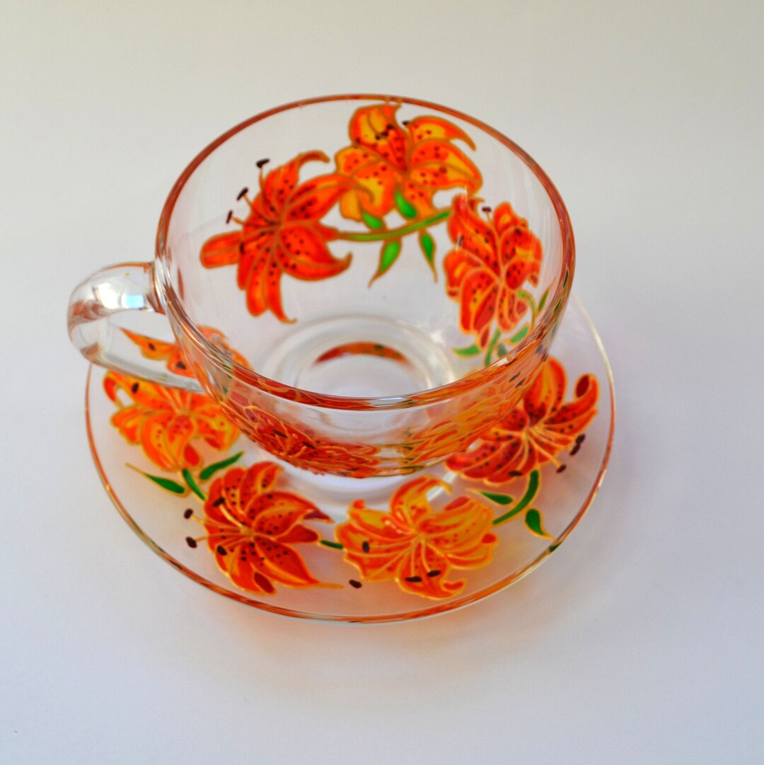 Tea Set Orange Tiger Lily Tea Cup and Saucer Hand Painted Glass Tea Cup ...
