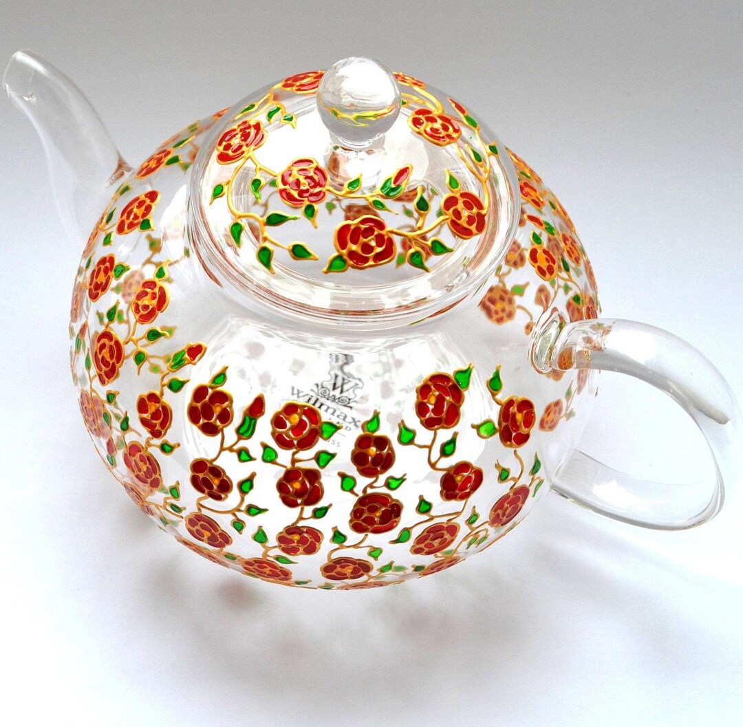 Red Rose Glass Teapot Infuser Hand Painted Flower Teapot - Etsy