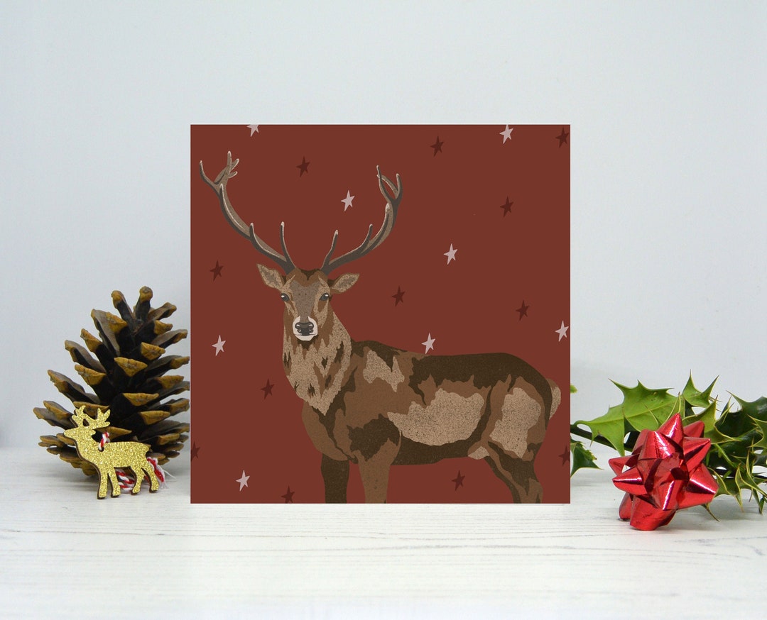 Red Deer and Stars Christmas Greeting Card Square Blank Wildlife Card ...