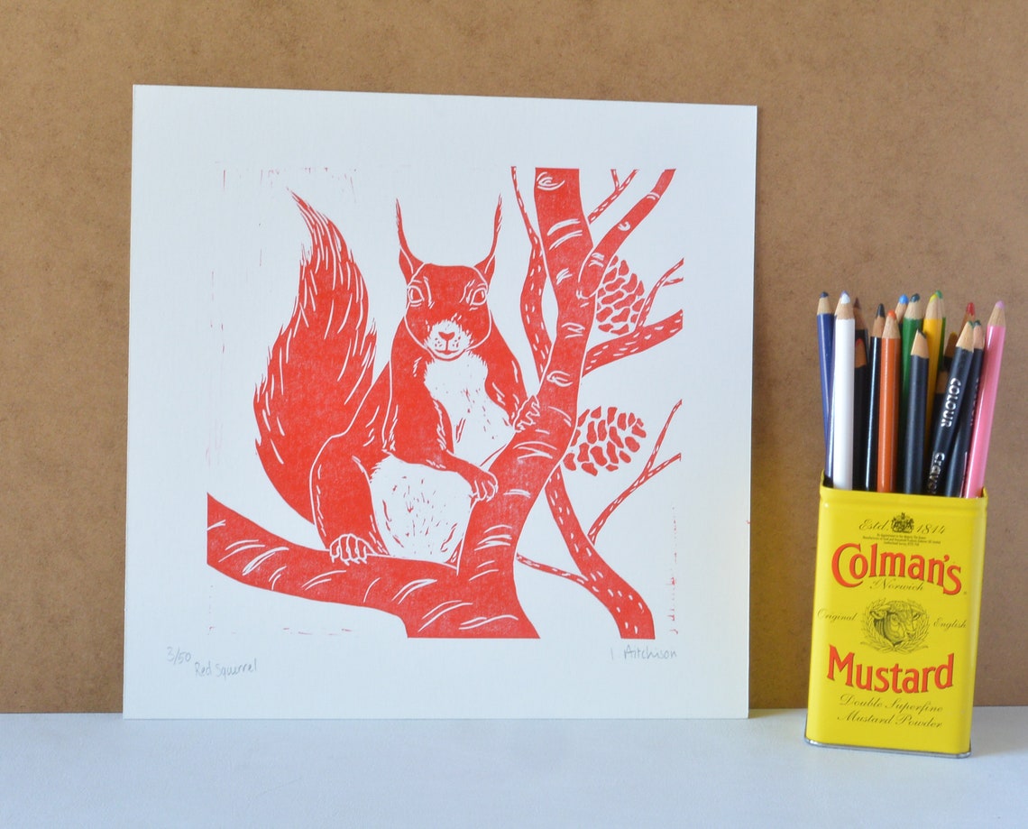Lino Print Red Squirrel Art Print Handprinted Linocut Wall - Etsy UK
