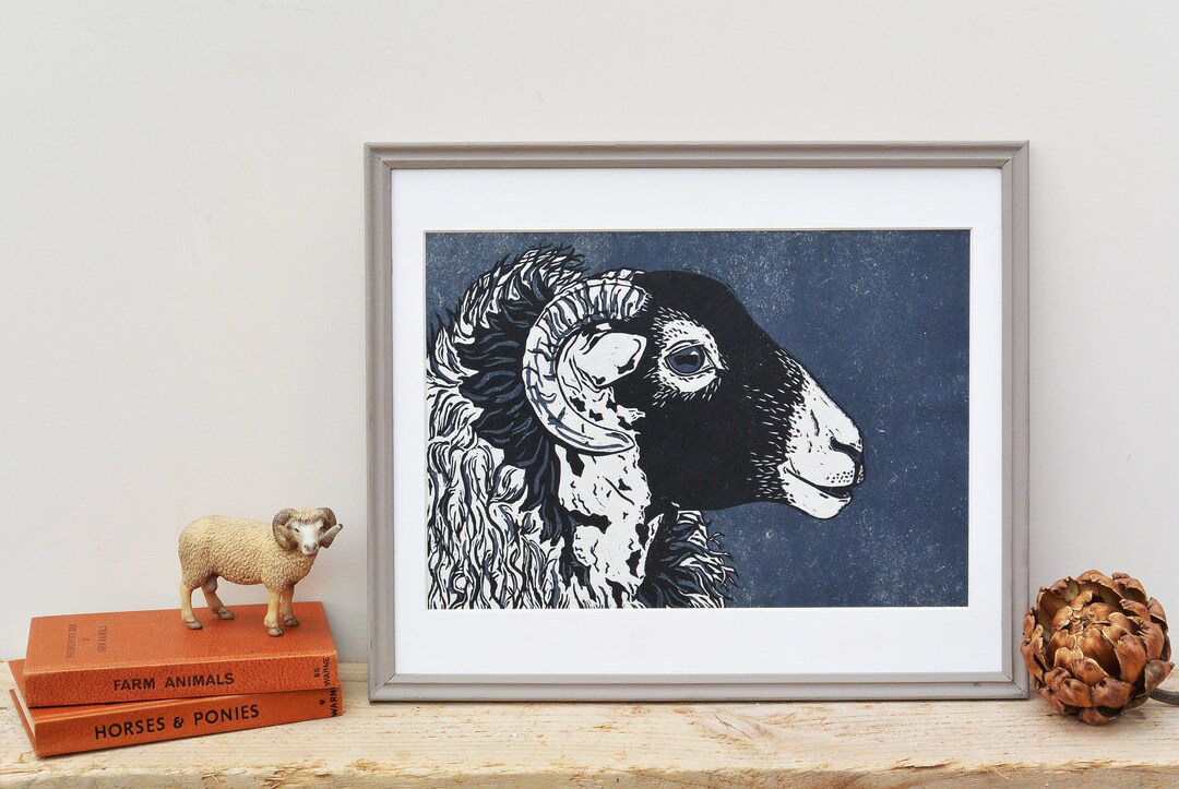 Linocut Sheep Swaledale Lino Animal Illustration Print, A4 Handmade ...